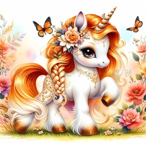 Champagne Ginger Unicorn Clipart - Cute Baby Fantasy Art, Floral ...