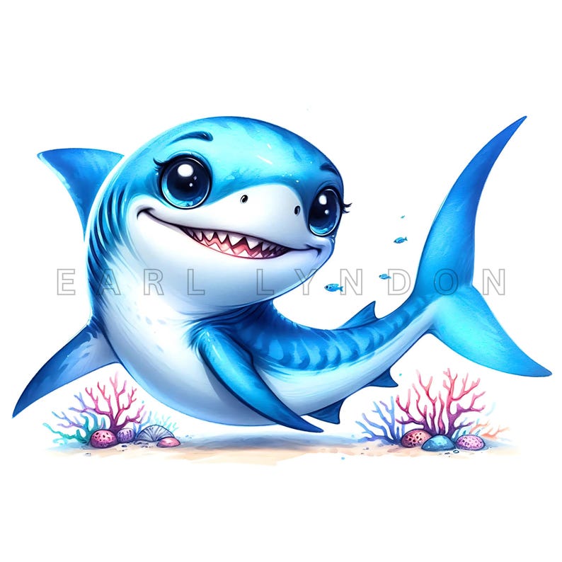 Captivating Young Shark Clipart - Ocean Fantasy Art, Summer Watercolor ...