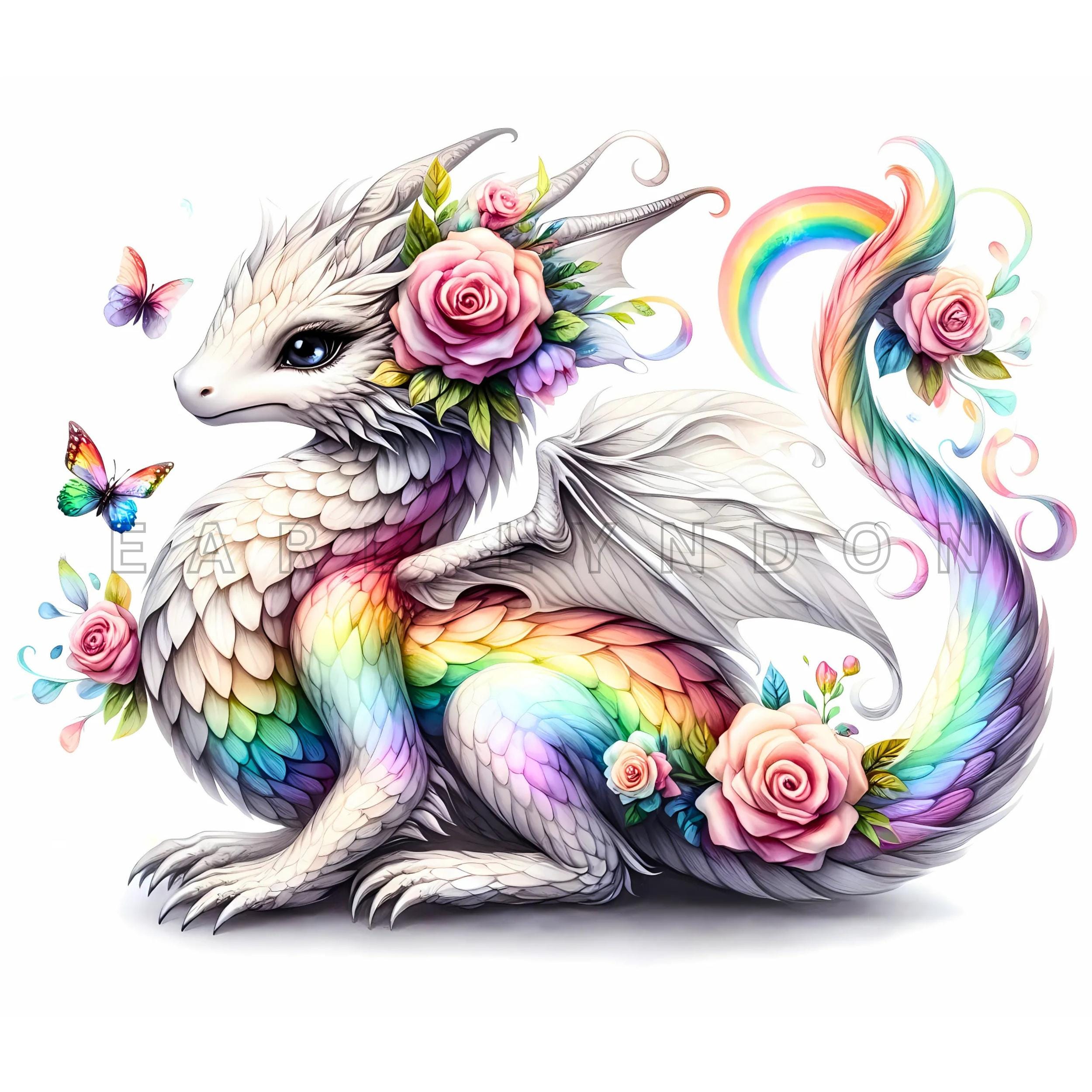 Rainbow Dragon Clipart - Unicorn Cupcake Topper Fantasy Art, Watercolor ...