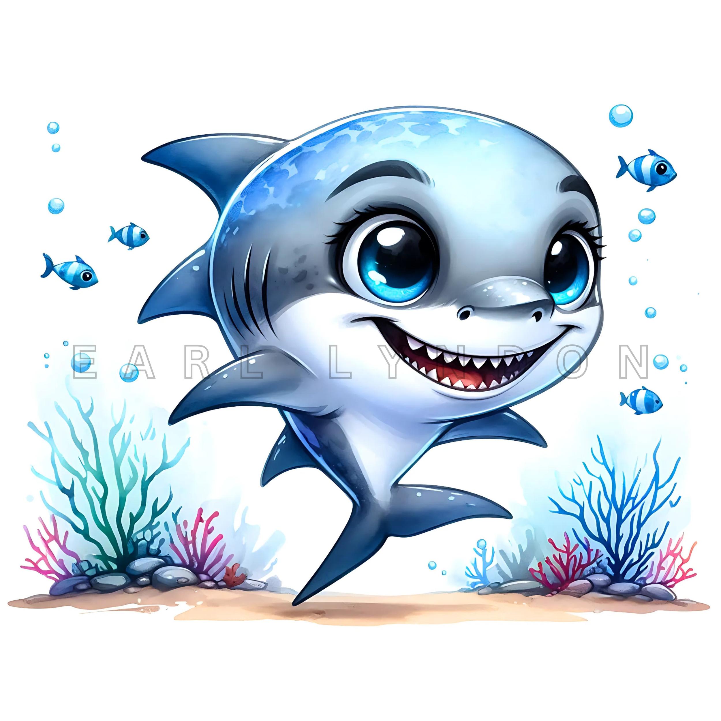 Captivating Young Shark Clipart - Ocean Fantasy Art, Summer Watercolor ...