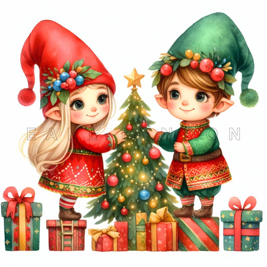 Gnomes Decorating Christmas Tree Clipart - Cute Holiday Dwarfs Digital ...
