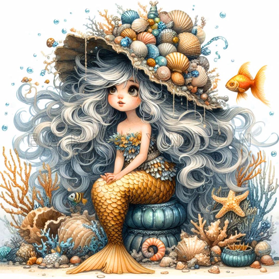 Mermaid Gnome Clipart - Whimsical Underwater Fantasy Art, Watercolor ...
