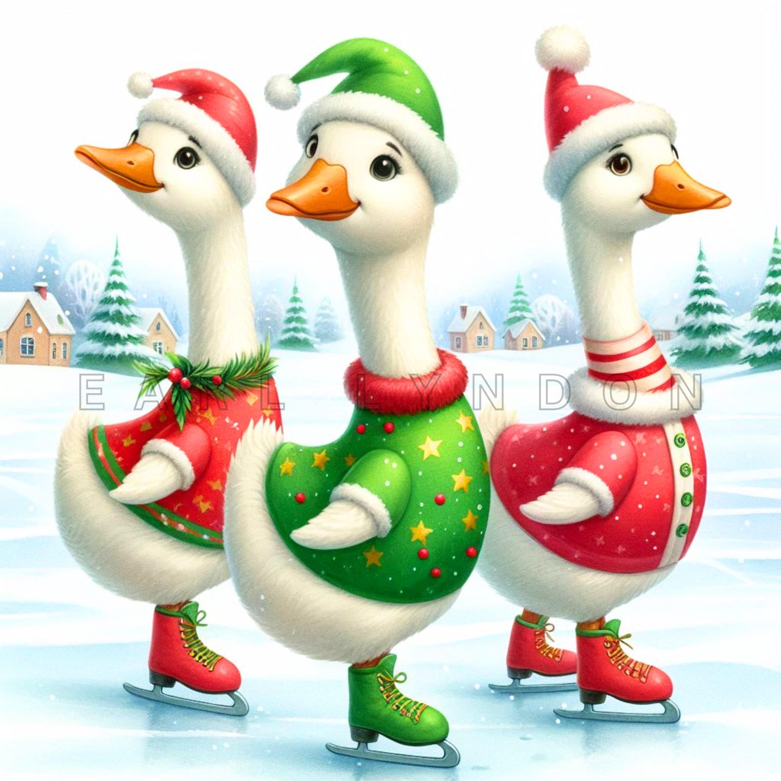 GEESE Skating Clipart PNG 15 Cute Whimsical Christmas Goose on Ice Junk ...