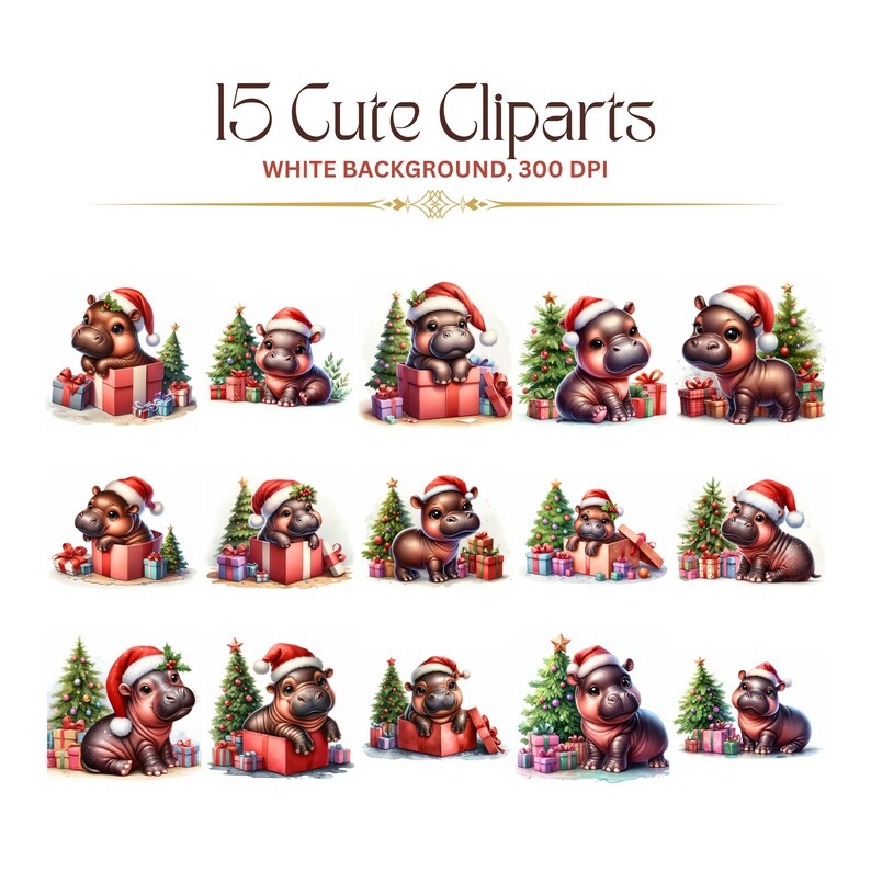 Moo Deng Christmas Clipart - Cute Pygmy Hippo Holiday Fantasy Art ...