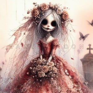 Red Zombie Bride Portrait Clipart - Gothic Halloween Dolls Fantasy Art ...