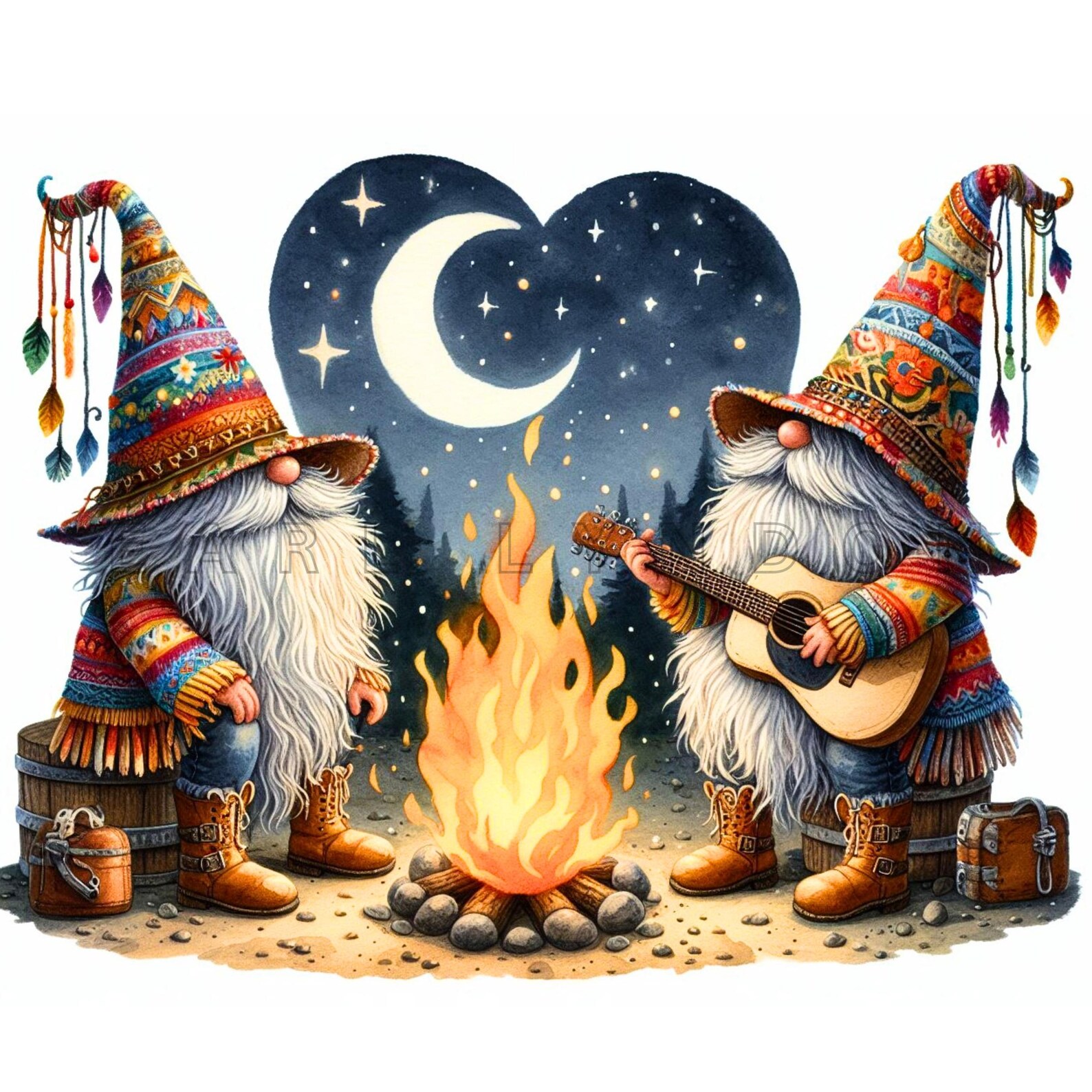 Boho Gnome Playing Guitar Clipart - Bonfire Summer Night, Hippie ...