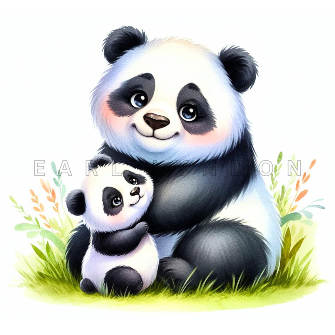 Mama Baby Panda Clipart - Mother's Day Fantasy Art, Floral Watercolor ...