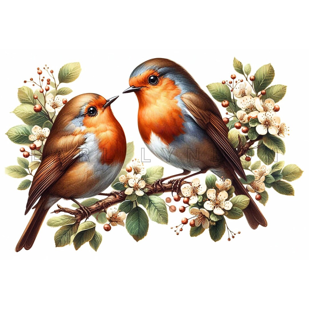 Spring Robins Clipart - Birds Courting Nesting Blue Eggs, Watercolor ...