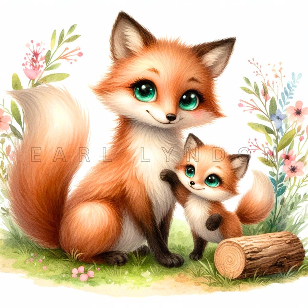 Mama Baby Fox Clipart - Mother's Day Fantasy Art, Floral Spring ...