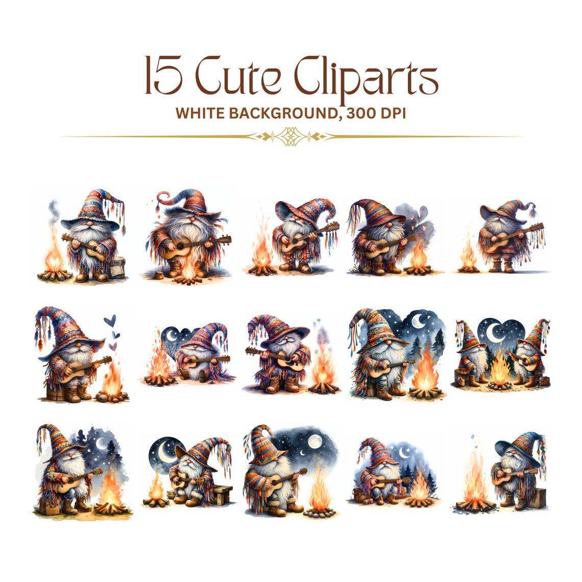 Boho Gnome Playing Guitar Clipart - Bonfire Summer Night, Hippie ...