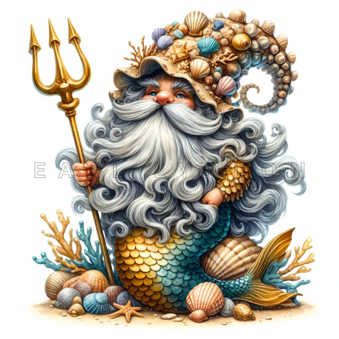 Merman Poseidon Sea Gnome Clipart - Whimsical Marine Dwarf Fantasy Art ...