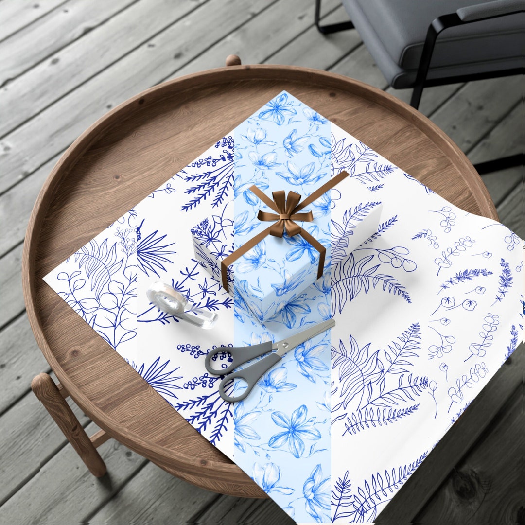 5 White and Blue Botanical Gift Wrapping Paper Design Options, 30x20 ...