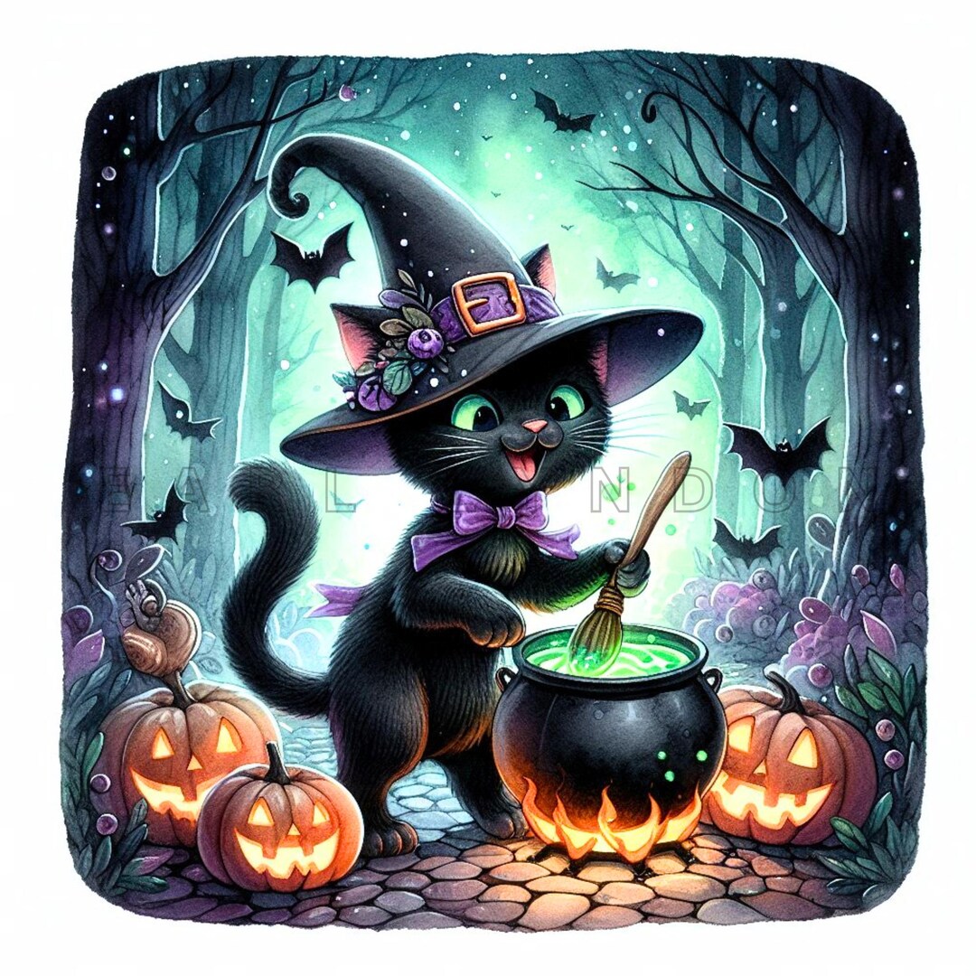Cat Witch Potion Clipart - Funny Halloween Fantasy Art, Watercolor ...