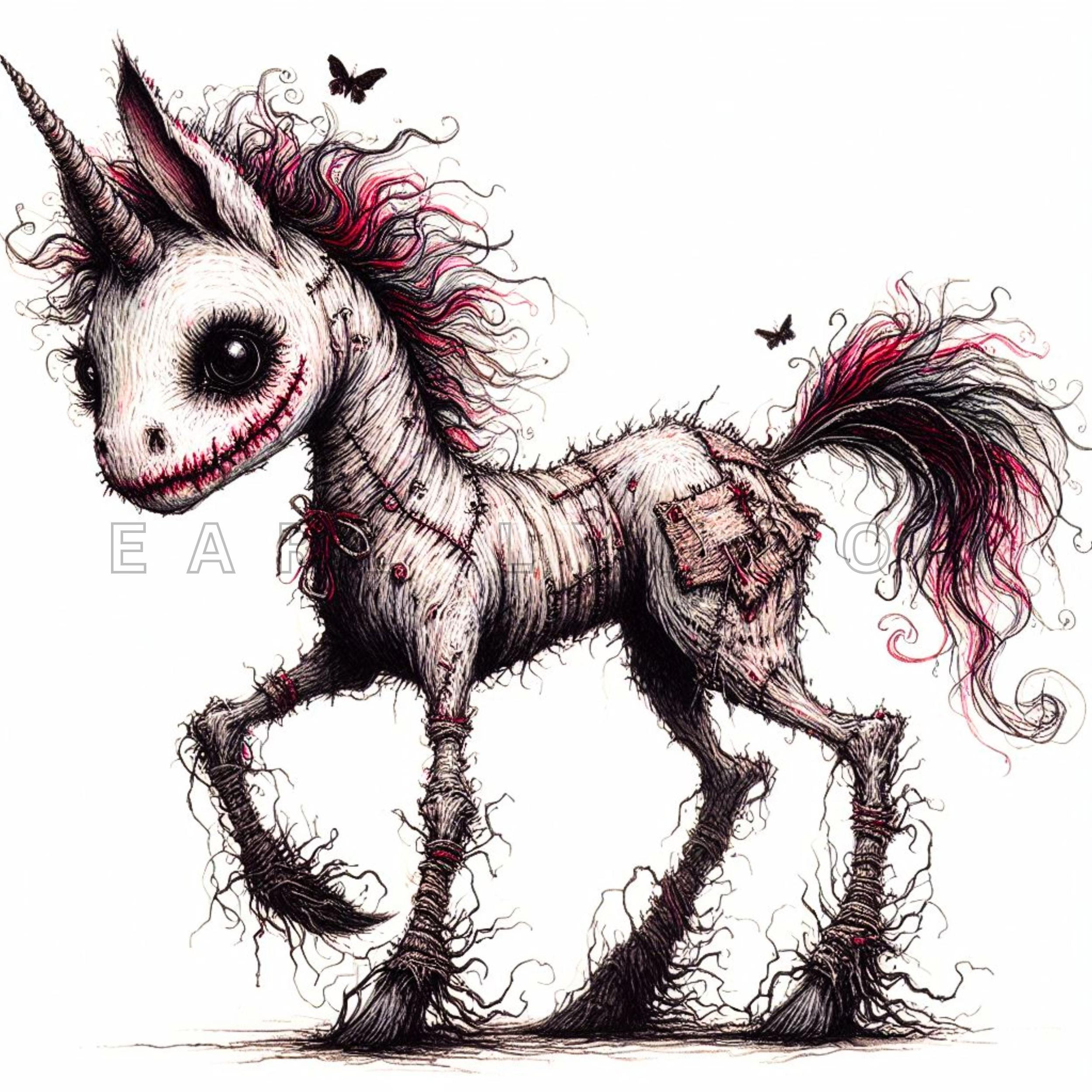 Eerie Patchwork Unicorn Clipart - Creepy Voodoo Fantasy Art, Watercolor ...