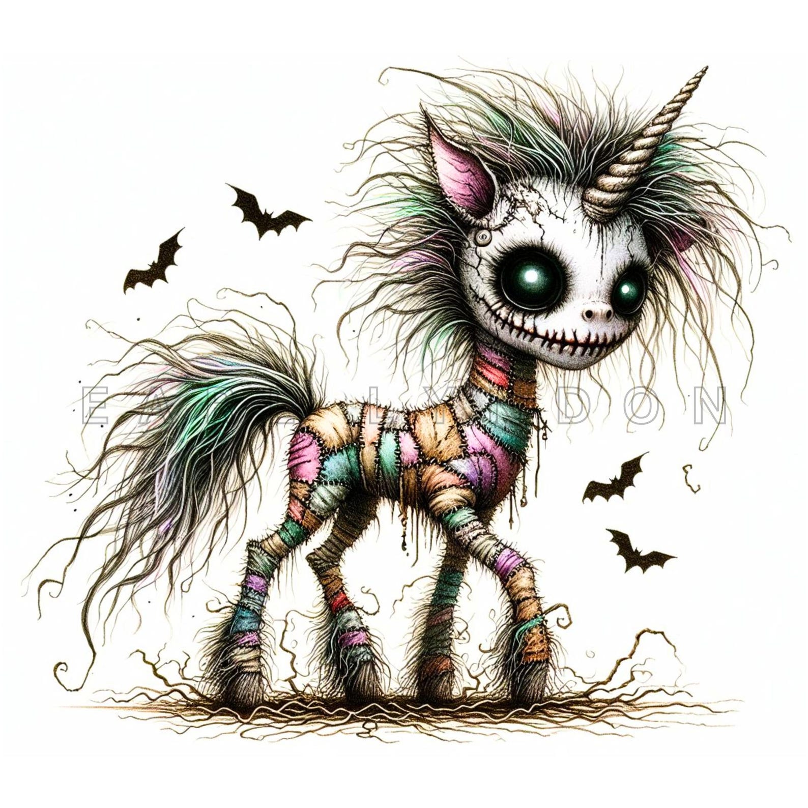 Eerie Patchwork Unicorn Clipart - Creepy Voodoo Fantasy Art, Watercolor ...