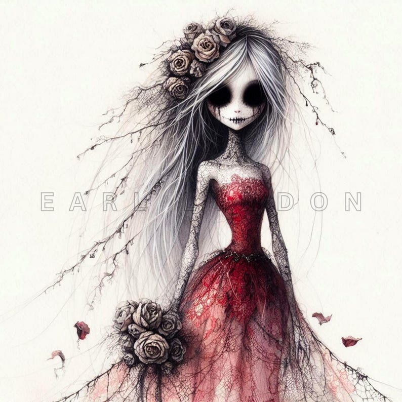 Red Zombie Bride Portrait Clipart - Gothic Halloween Dolls Fantasy Art ...
