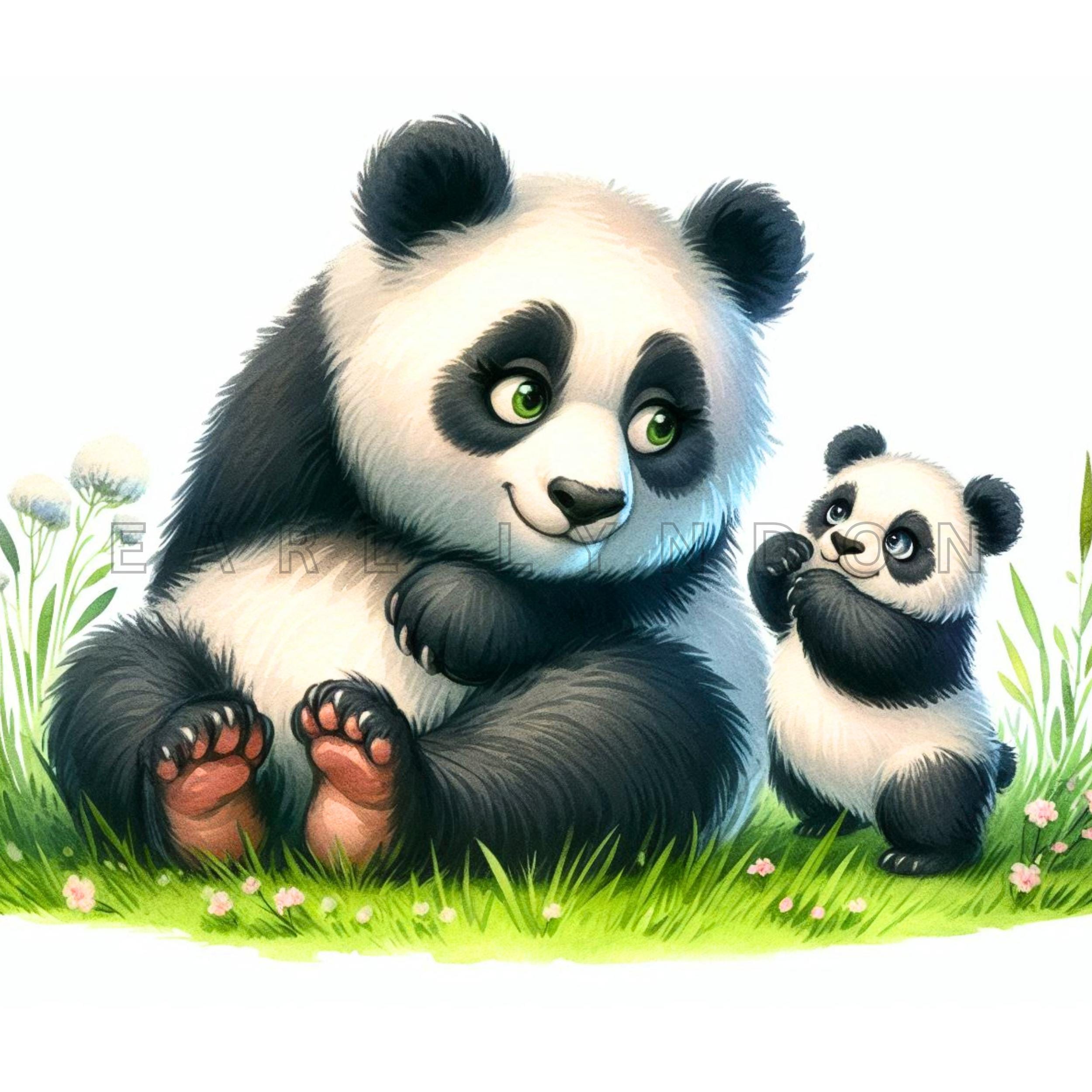 Mama Baby Panda Clipart - Mother's Day Fantasy Art, Floral Watercolor ...