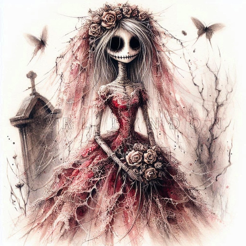 Red Zombie Bride Portrait Clipart - Gothic Halloween Dolls Fantasy Art ...
