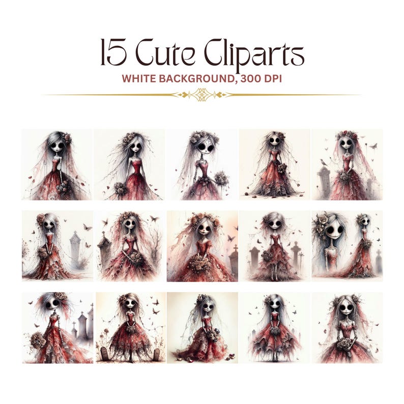 Red Zombie Bride Portrait Clipart - Gothic Halloween Dolls Fantasy Art ...