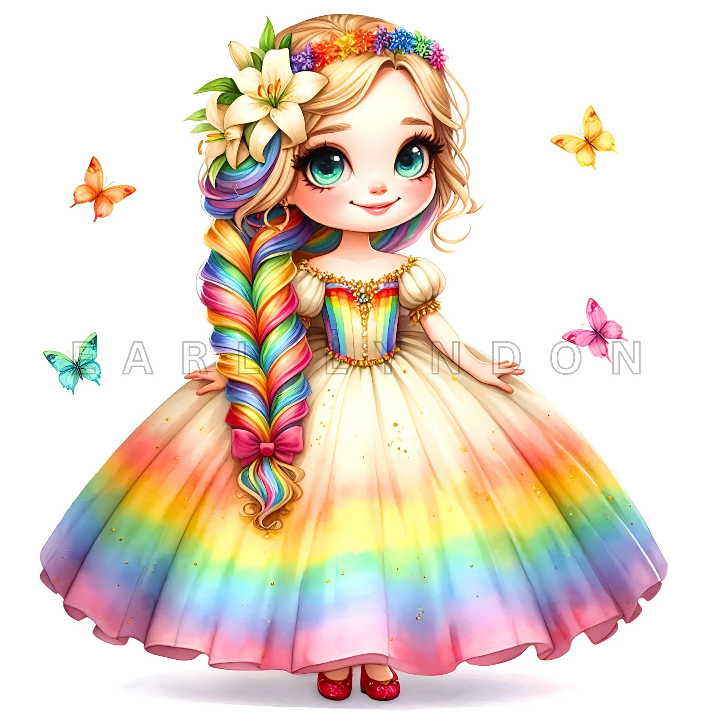 Rainbow Princess Clipart - Gnome Cupcake Topper Fantasy Art, Watercolor ...