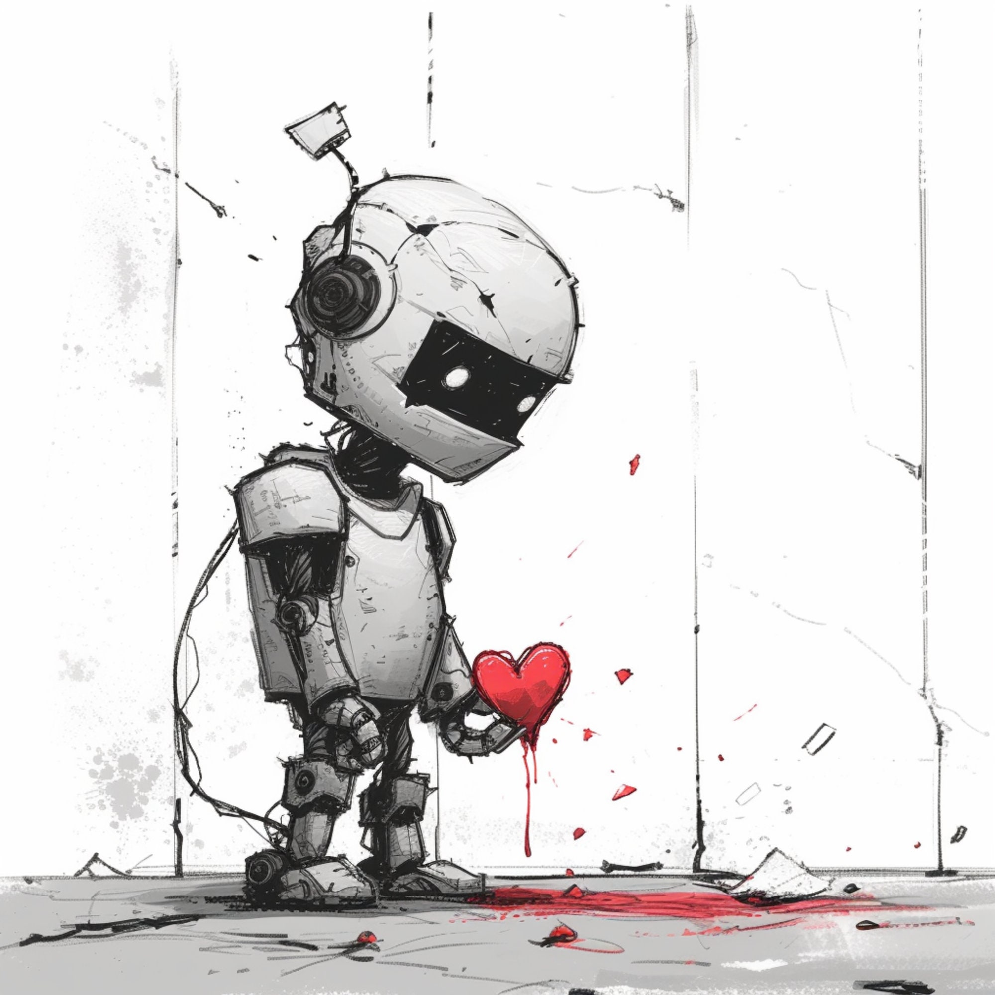 Sad Robot SVG, a Sad Little Robot Picks up a Red Broken Glass Heart ...