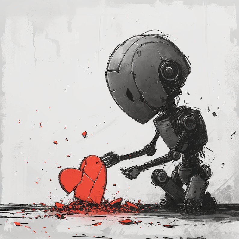 Sad Robot SVG, a Sad Little Robot Picks up a Red Broken Glass Heart ...