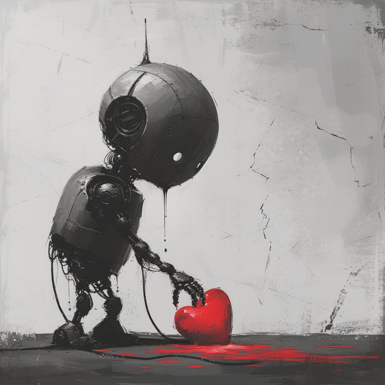 Sad Robot SVG, a Sad Little Robot Picks up a Red Broken Glass Heart ...