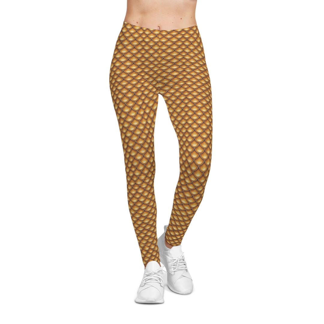 Gold Scale Pattern Leggings With Shimmer Fish Scale Print, Stretchy ...