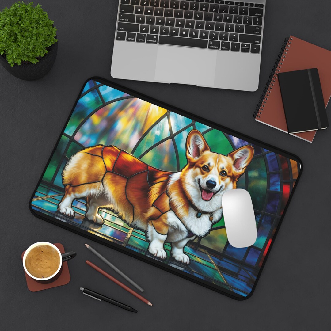 Stained Glass Corgi Desk Mat, Colorful Dog Art, Office Gaming - Etsy