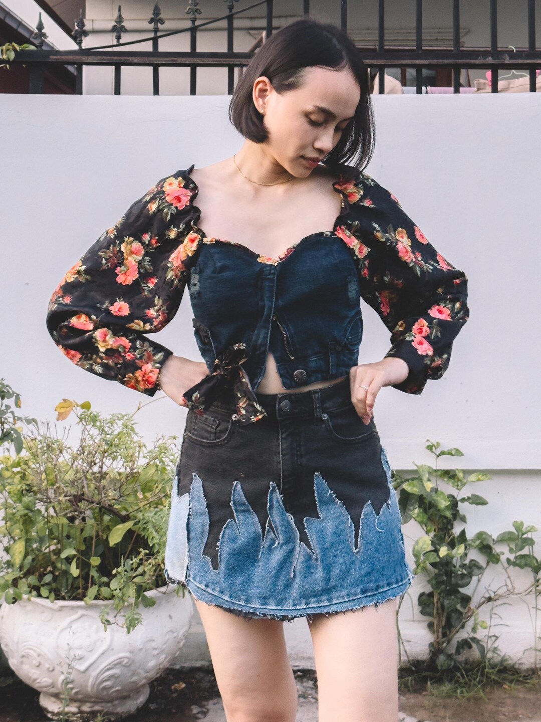 Crop Top Rework Denim and Foral / Long Sleeve and Crop Top / Size M - L ...