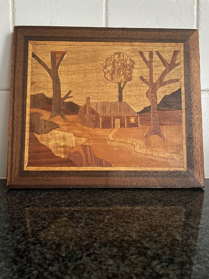 Vintage Wood Inlay Marquetry Wall Art Hanging Panel Country Homestead ...