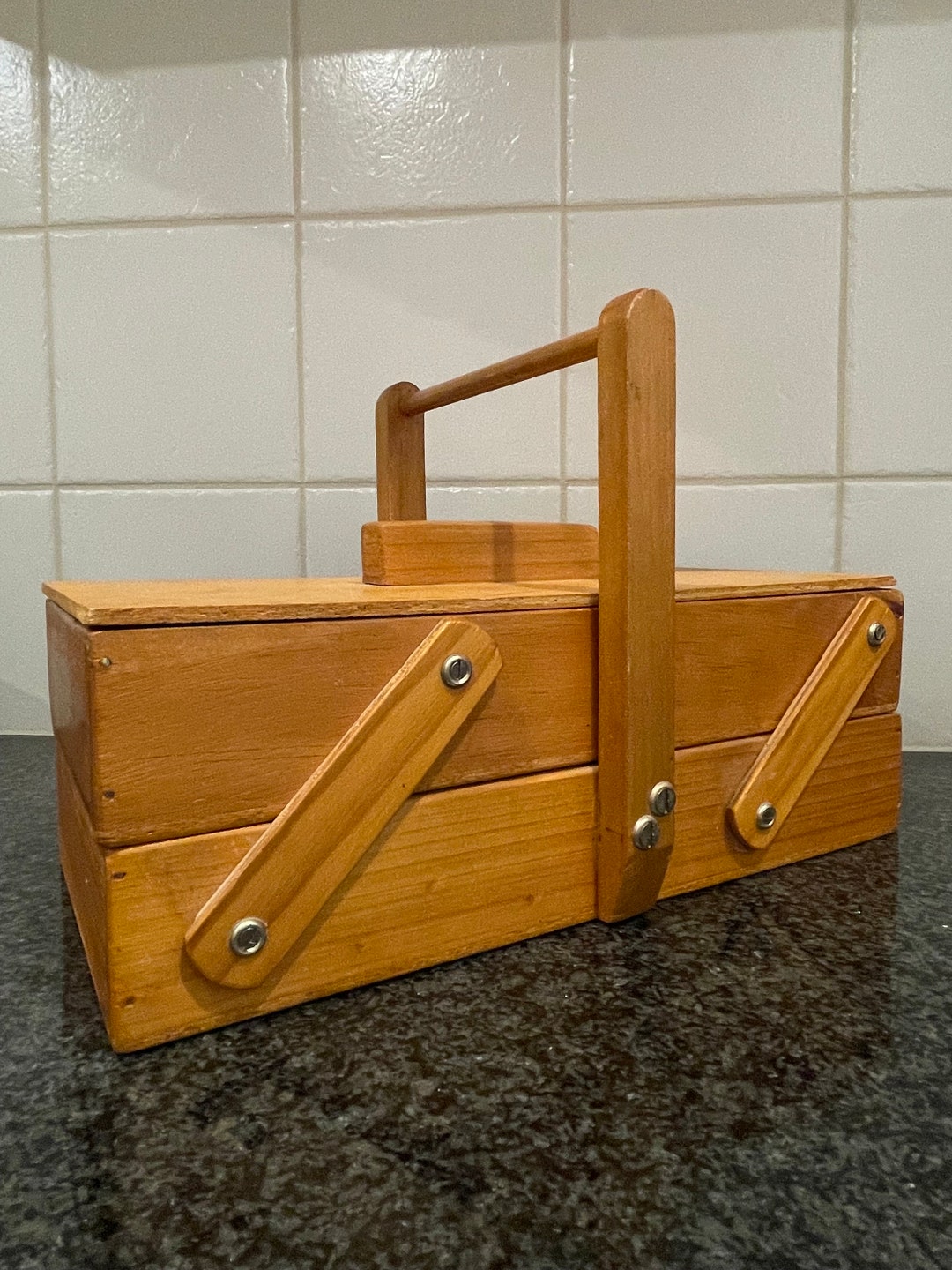 Vintage Cantilever Wooden Box With Lid & Handle Sewing Knitting Box ...