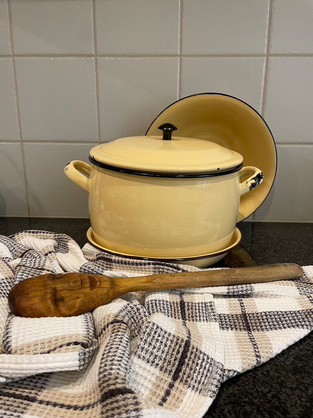 Vintage Yellow Enamelware Set: Stock Pot, Deep & Shallow Dishes - Etsy