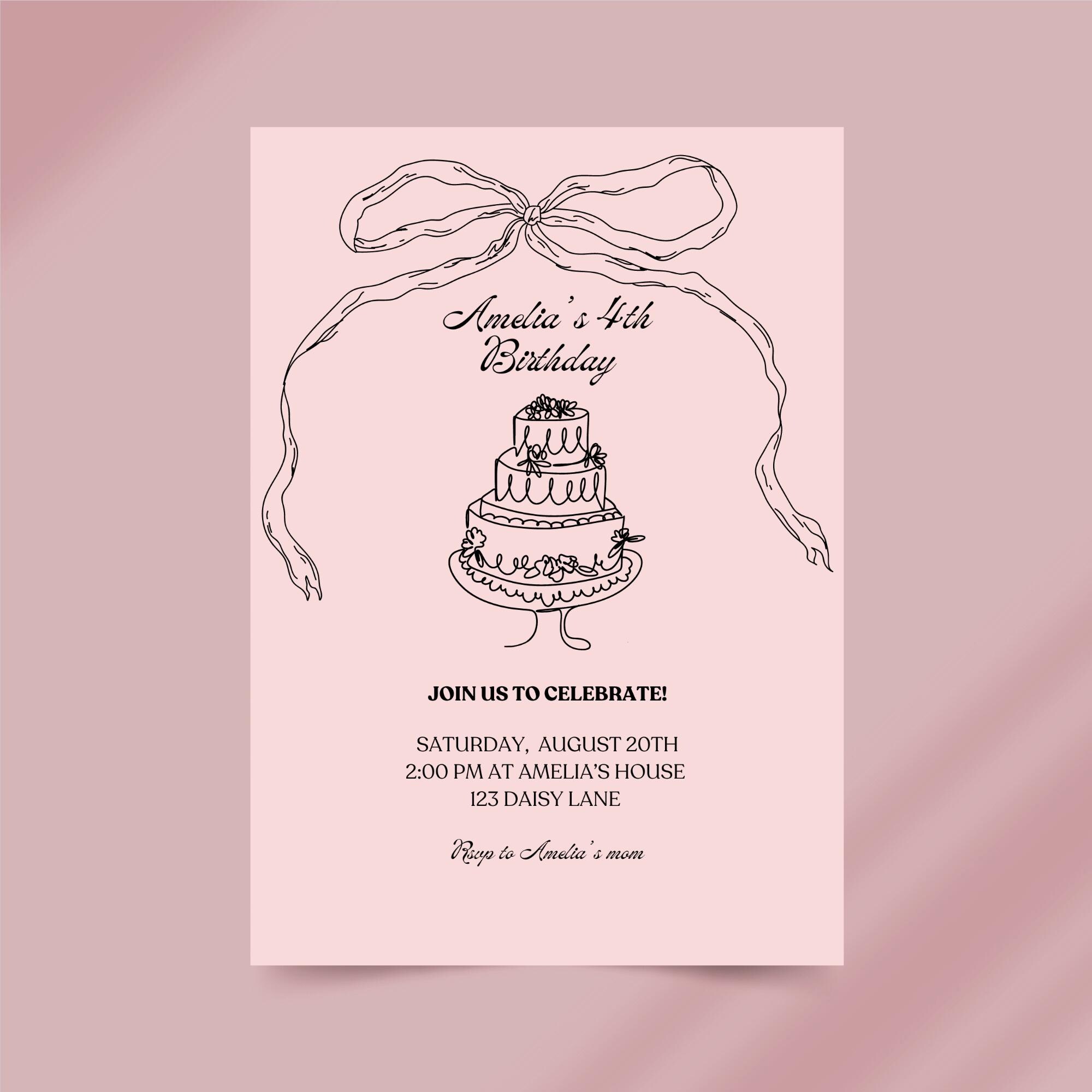 Bow Birthday Customizable Invitation - Etsy