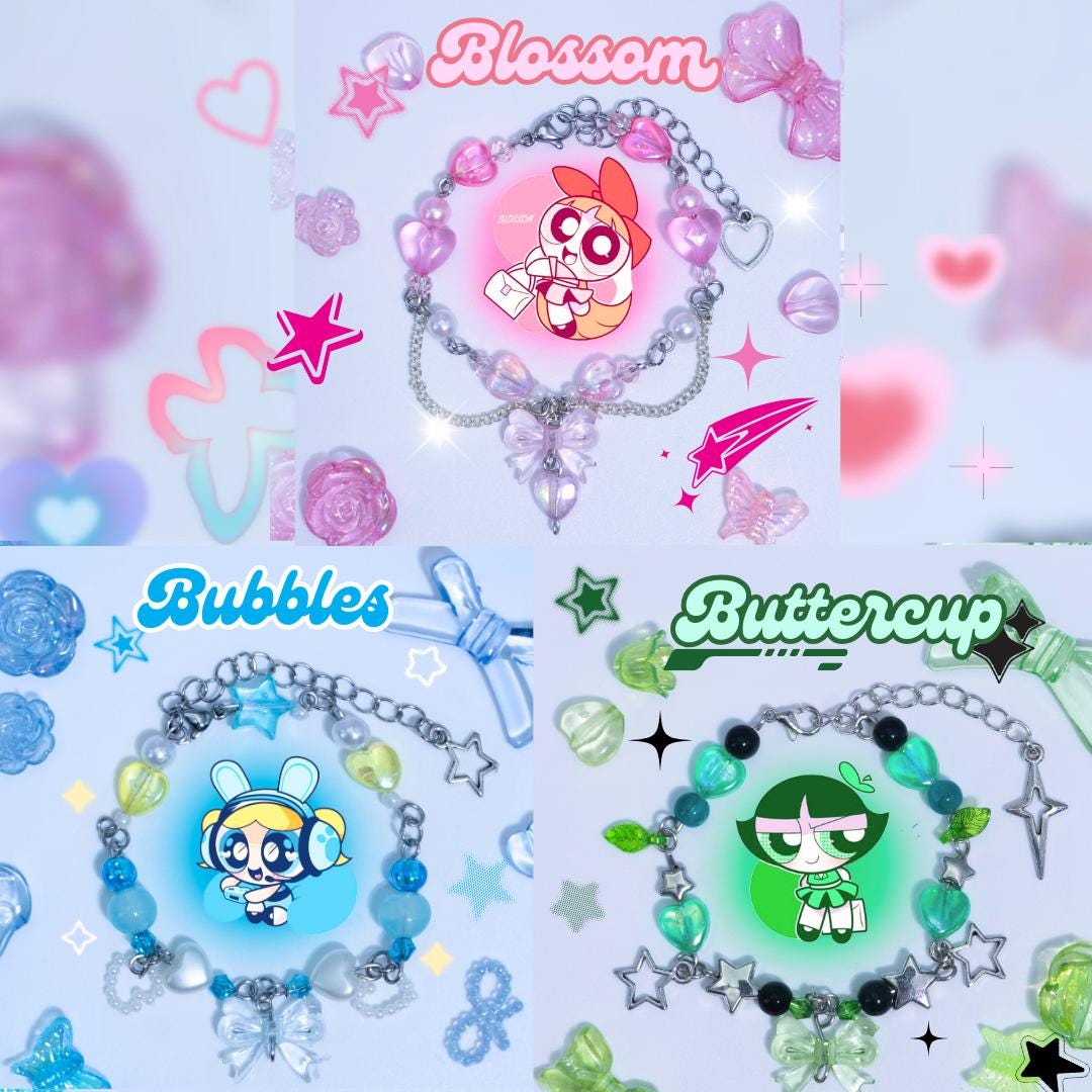 Powerpuff Girls Bracelet, Blossom Bubbles Buttercup, Friendship Bracelet, Charm Bracelet, Bead ...