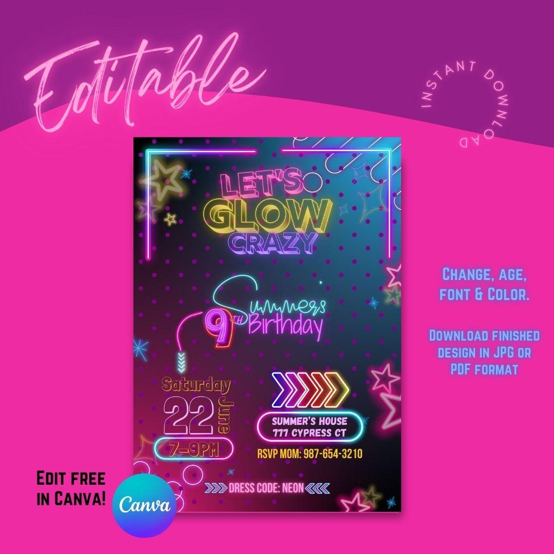 Instant Download Editable Invitation Neon Glow Party - Etsy