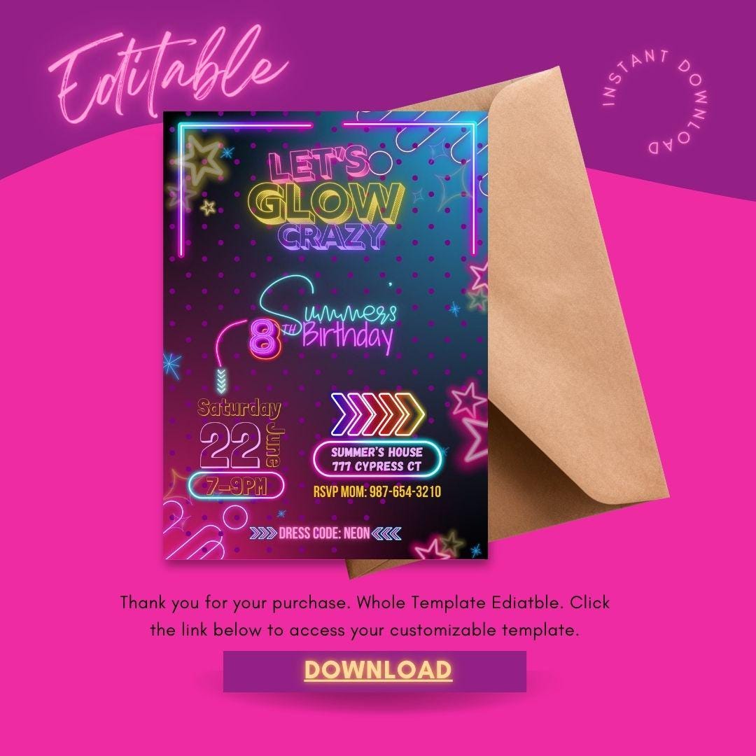 Instant Download Editable Invitation Neon Glow Party - Etsy