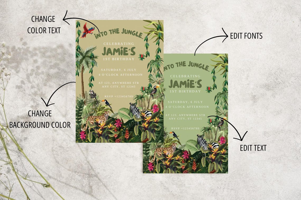 Jungle Safari Editable Birthday Invite Gender Neutral First Birthday ...