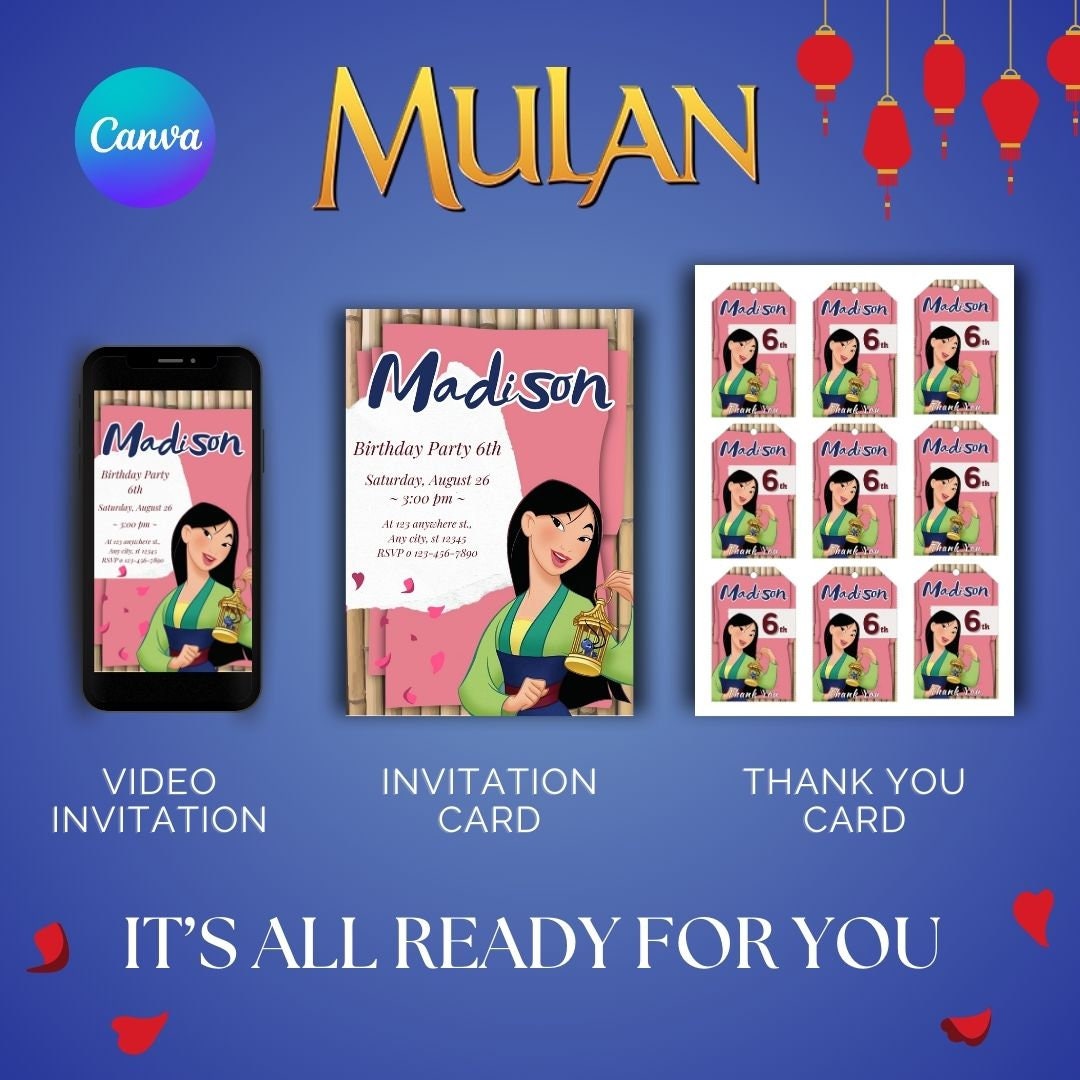 Princess Mulan Birthday Invitations / Girl Birthday Party Invitations ...