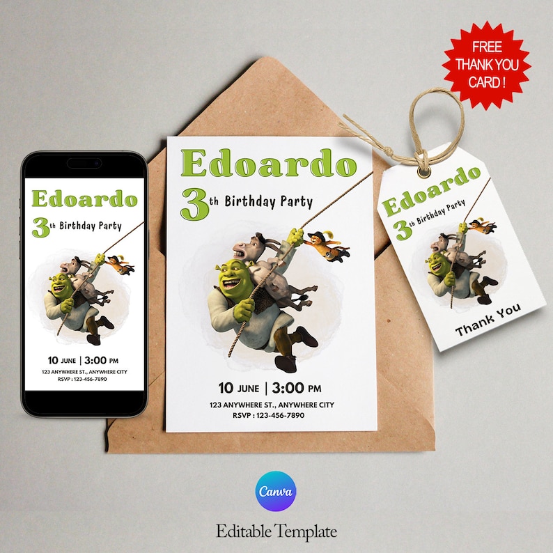 Shrek Birthday Invitation, Shrek Digital Mobile Birthday Invitation ...