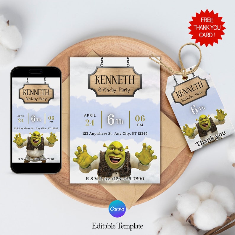 Shrek Birthday Invitation, Shrek Digital Mobile Birthday Invitation ...