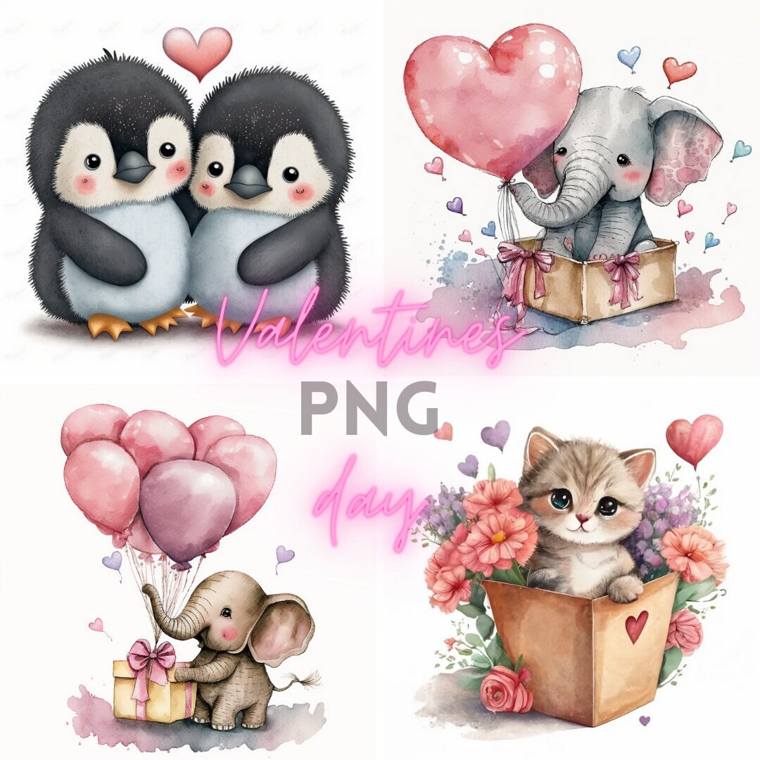 Watercolor Valentines Day Clipart , Cute Animals, PNG Valentines Day ...