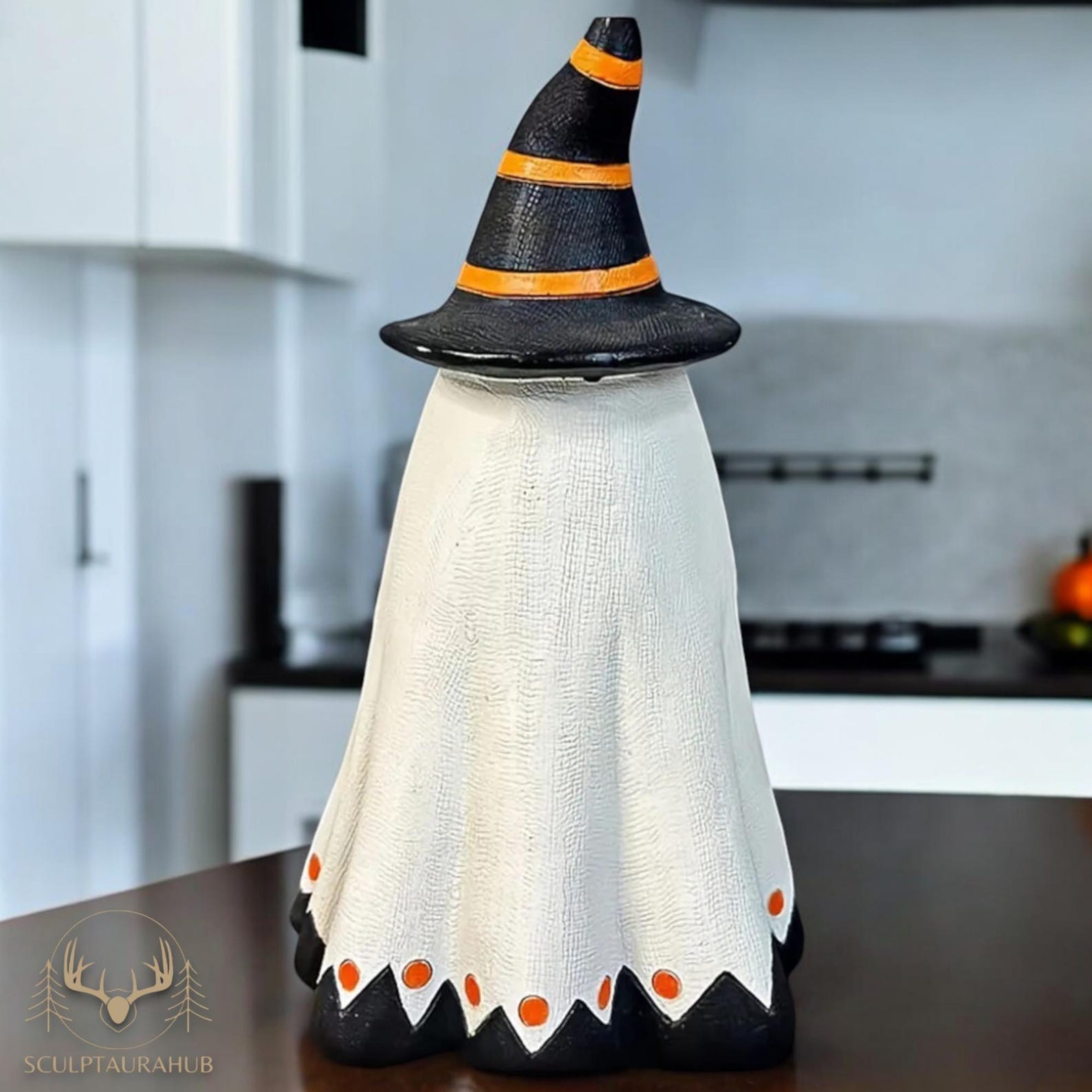 Cute Ghost Statue Holding Pumpkin Halloween, Adorable Ghost Figurine ...