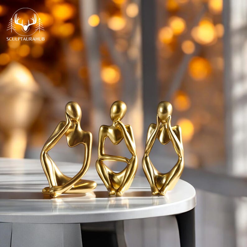 The Thinker Pose Sculpture Set of Three, Thinker Resin Statue Zen ...