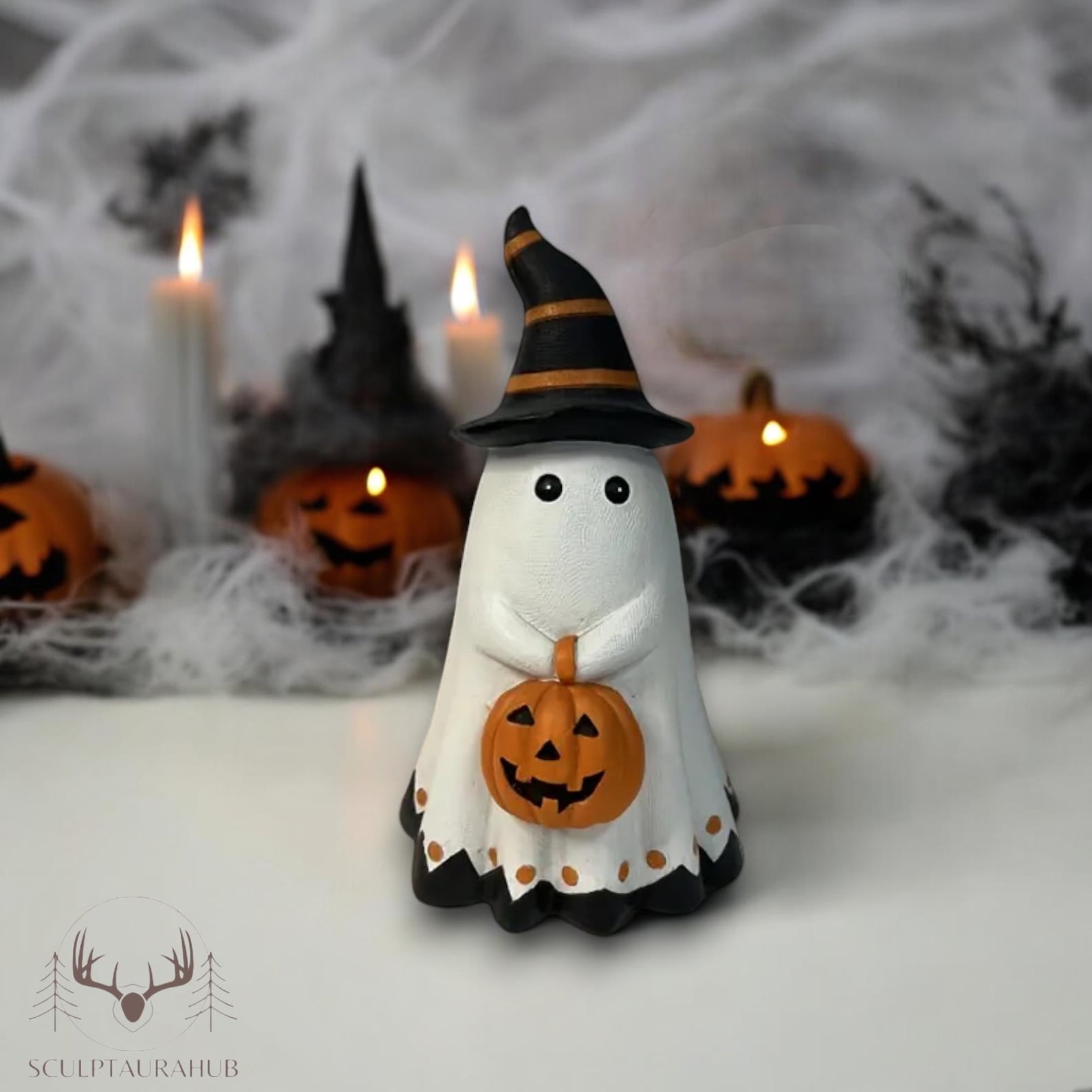 Cute Ghost Statue Holding Pumpkin Halloween, Adorable Ghost Figurine ...