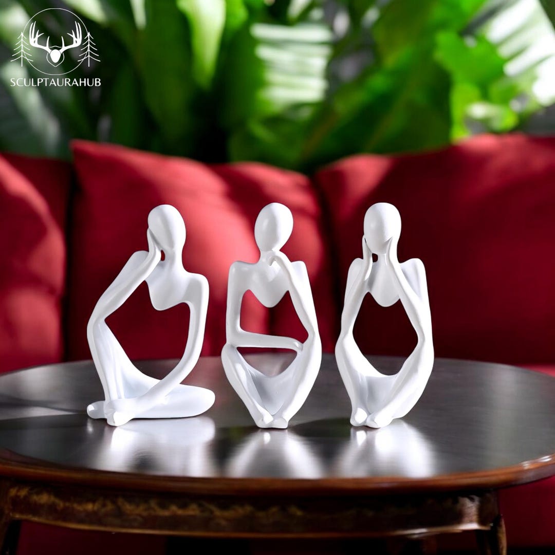 The Thinker Sculptures Set of Three, Black Resin Statues Zen Aesthetics ...