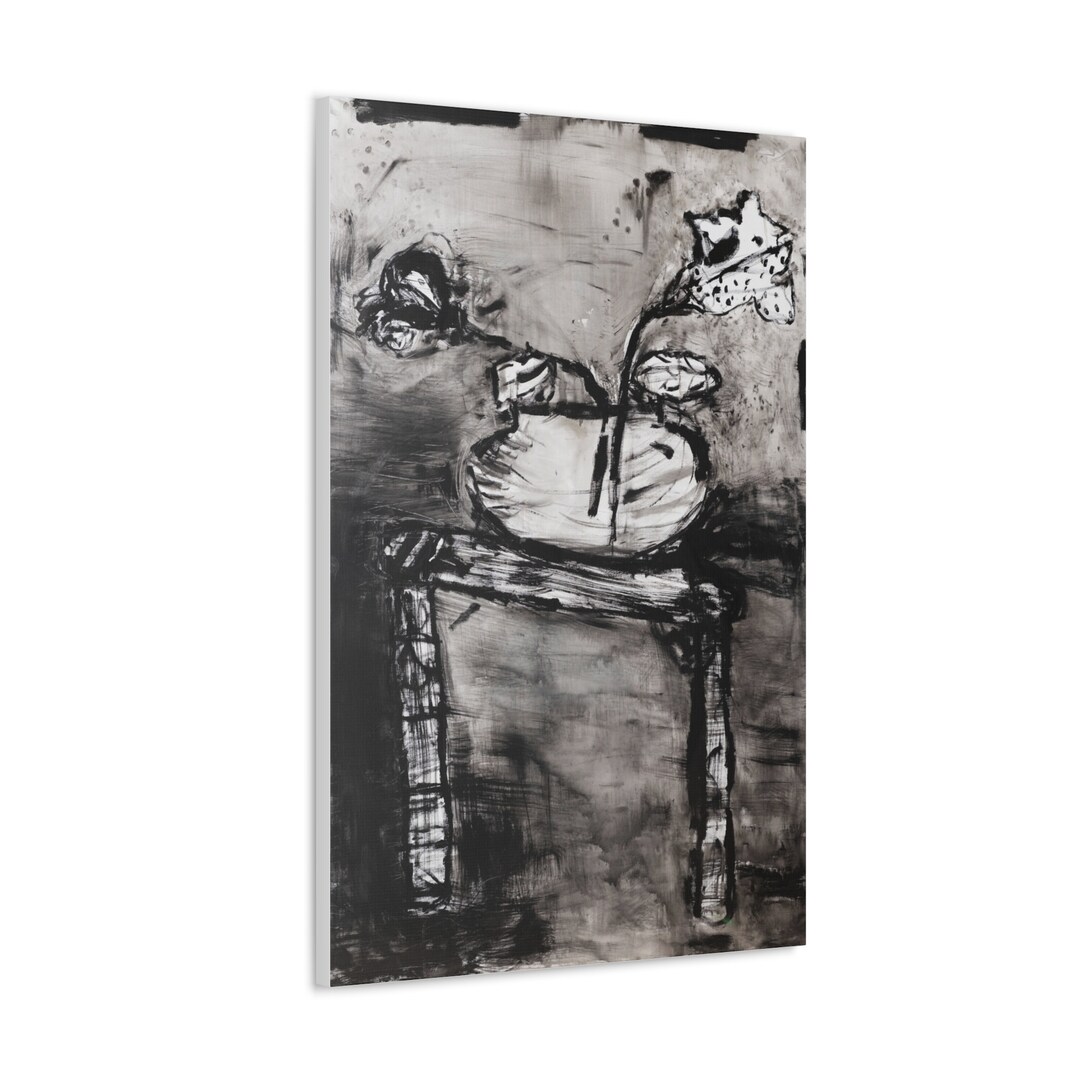 Black and White Abstract Flower Pot Painting, Original Canvas Wall Art ...