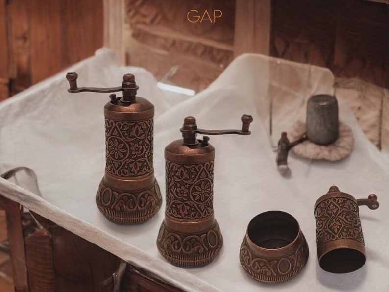 Copper Coffee Grinder Set of 2, Handcrafted Manual Mill, Rustic Kitchen ...