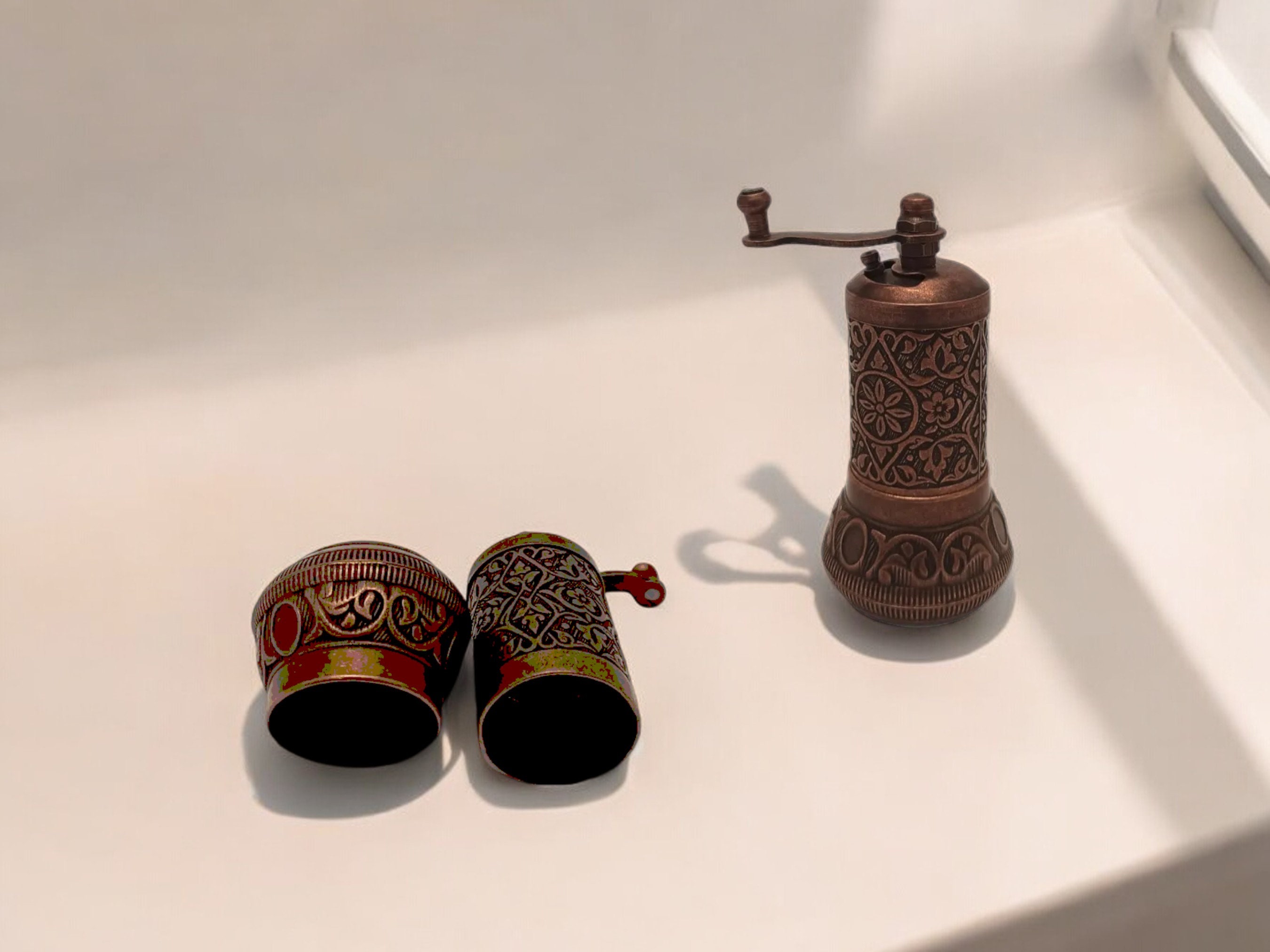 Copper Coffee Grinder Set of 2, Handcrafted Manual Mill, Rustic Kitchen ...