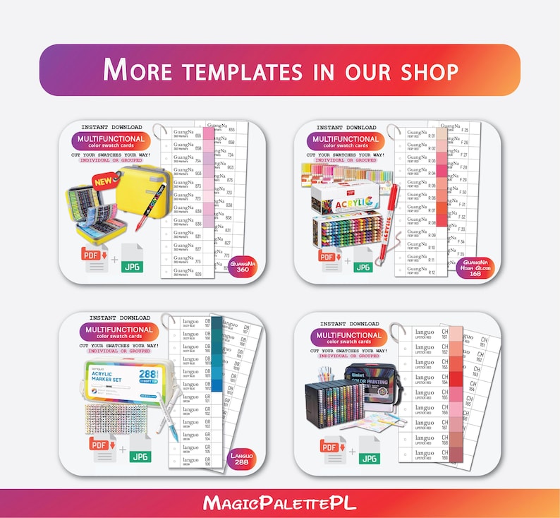Languo 288 Colors Brush Marker Swatch Template PDF Printable Soft Tip ...